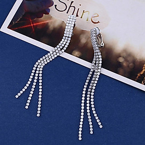 YOQUCOL Cubic Zirconia Crystal Long Drop Dangle Tassel Clip On Earrings CZ Not Pierced For Women