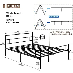 VECELO Queen Size Metal Bed Frame with Headboard and Footboard, 12'' Under-Bed Storage & Strong Slats Support, No Box Spring Needed