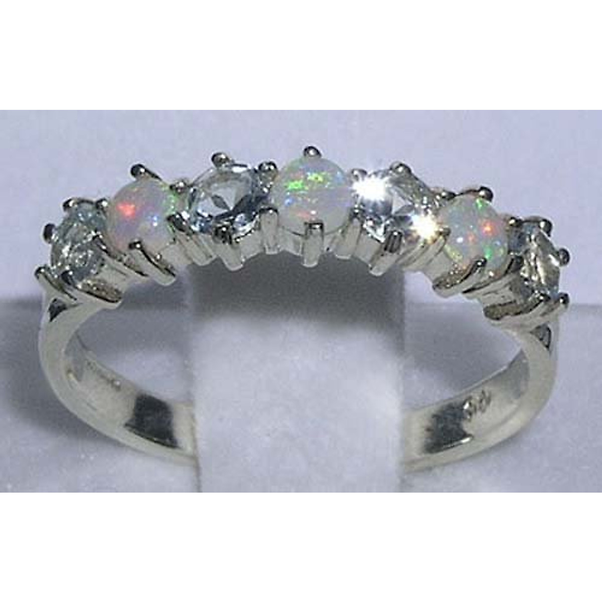 LetsBuyGold 14k White Gold Natural Opal & Aquamarine Womans Eternity Ring - Size 4.25