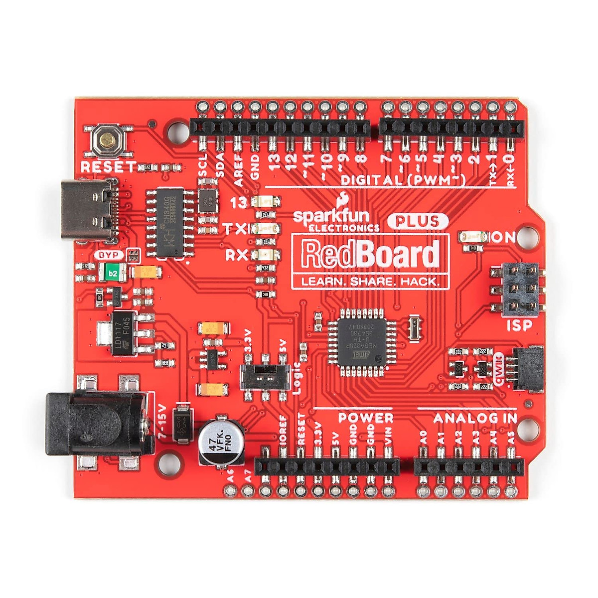 SparkFun RedBoard Plus - ATmega328P microcontroller with Optiboot (UNO) Bootloader - Qwiic Connect System - USB-C Connector - Additional Features to Our RedBoard Qwiic - Input Voltage 5V-15V