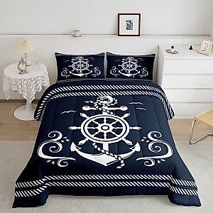 Erosebridal Nautical Anchor Bedding Set for Boys, Compass Adventure Comforter Set Coastal Compass Duvet Sets Ocean Sailboat Bedding Comforters for Kids Teens Adult Bedroom, Navy Blue(Queen Size)