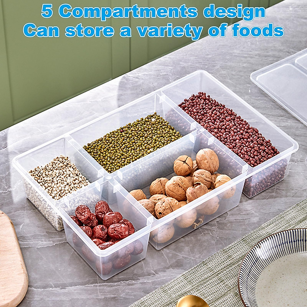 EATHEATY 3 Pack Divided Veggie Tray with Lid, 5 Compartment Plastic Snackle Box Container Salad Bar Container for Fridge, Tray Travel Food Storage Containers for Snack, Fruit, Vegetable, Salad, Meat