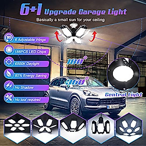 Amiluo 150W LED Garage Lights 2 Pack 15000LM Deformable Garage Ceiling Lighting Fixture Screw-in E26/E27 Garage Light Bulb with 6 Ultra Bright Led Panels LED Light for Attic Garage Basement Workshop