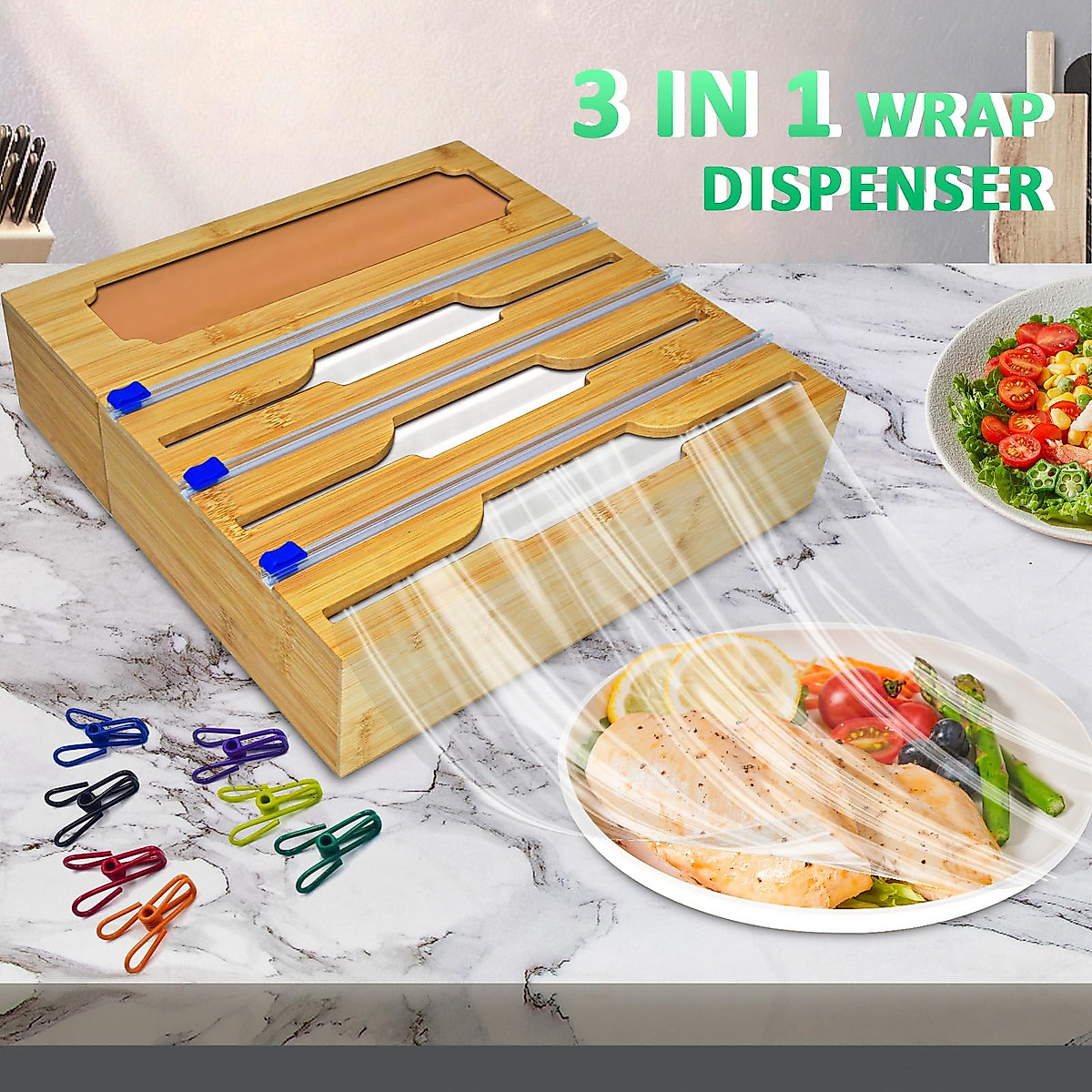 Bikerid Bamboo Wrap Dispenser with Cutter, Plastic Wrap Organizer, Aluminum Foil Organization, and Wax Paper Dispenser Holder for Kitchen Drawer and Wall, Compatible with 12" Roll
