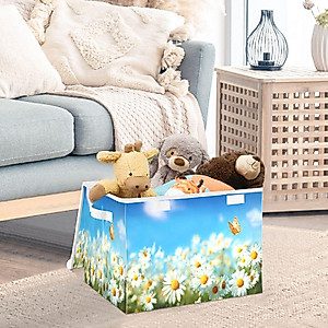 DIGTIA Storage Bins with Lids Daisies Flowers Butterfly Foldable Storage Boxes with Handles Spring Summer Landscape Large Storage Basket Collapsible Organizer Containers for Closet Home Bedroom Offi