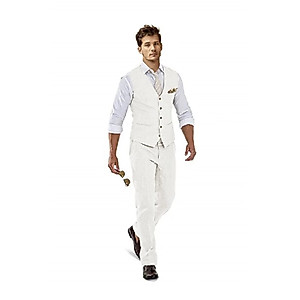 2 Piece Linen Suits for Men Slim Fit Formal Ivory Wedding Suit Groomsmen Prom Tux Suit for Summer Beach Suit Vest Pants XS