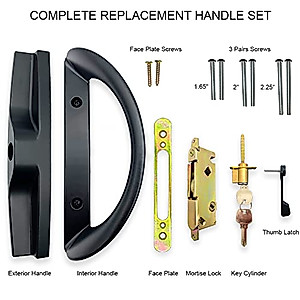 Patio Sliding Door Handle Set with Mortise Lock, Key Cylinder and Face Plate, Full Replacement Handle Lock Set Fits Door Thickness from 1-1/2" to 1-3/4", 3-15/16" Screw Hole Spacing, Black