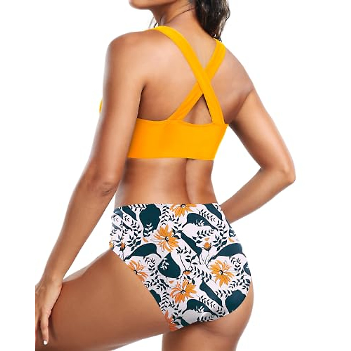 Holipick Women High Waisted Two Piece Bikini Sports Crop Top Swimsuit Scoop Neck Bathing Suit for Teen Girls with Bottom Yellow Floral