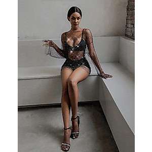 Lrady Women's Rhinestone Mesh Sheer Fishnet Long Sleeve V Neck Mini Dresses Sexy Bikini Beach Cover Up Clubwear, Black & White, Large