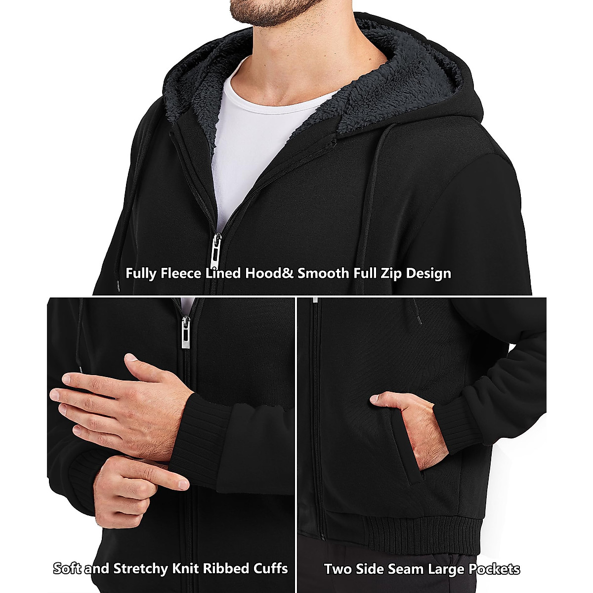 GEEK LIGHTING Hoodies for Men Heavyweight Fleece Sweatshirt - Full Zip Up Thick Sherpa Lined, Pure black XXL