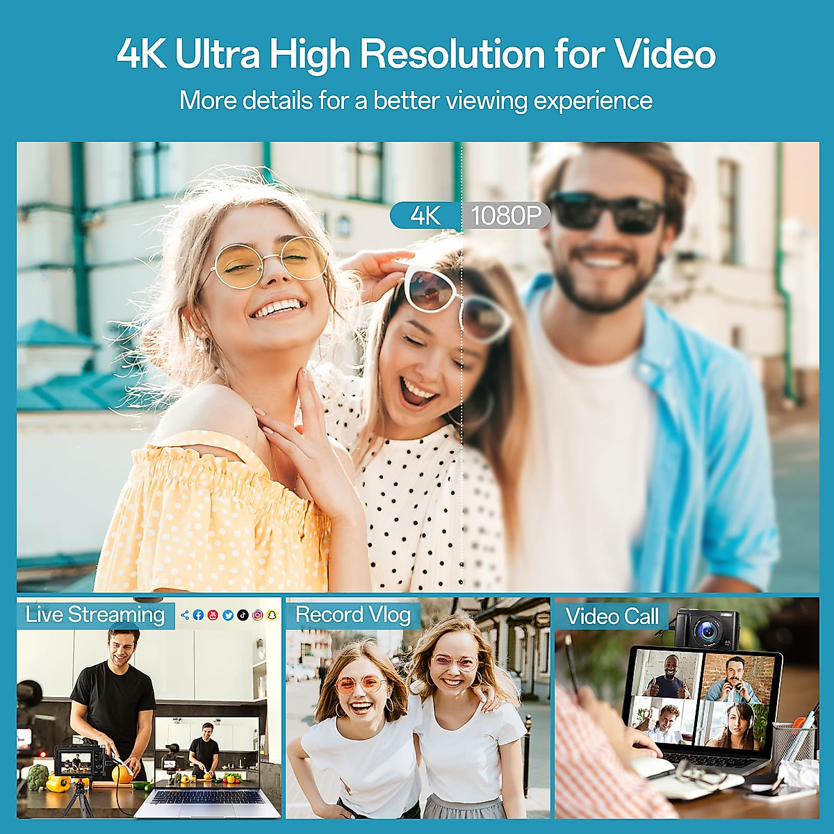 4K Digital Camera for Photography Autofocus 48MP Vlogging Camera for YouTube with SD Card 16X Digital Zoom Compact Camera, 3 Inch 180°Flip Screen, Flash, Anti-Shake, 2 Batteries