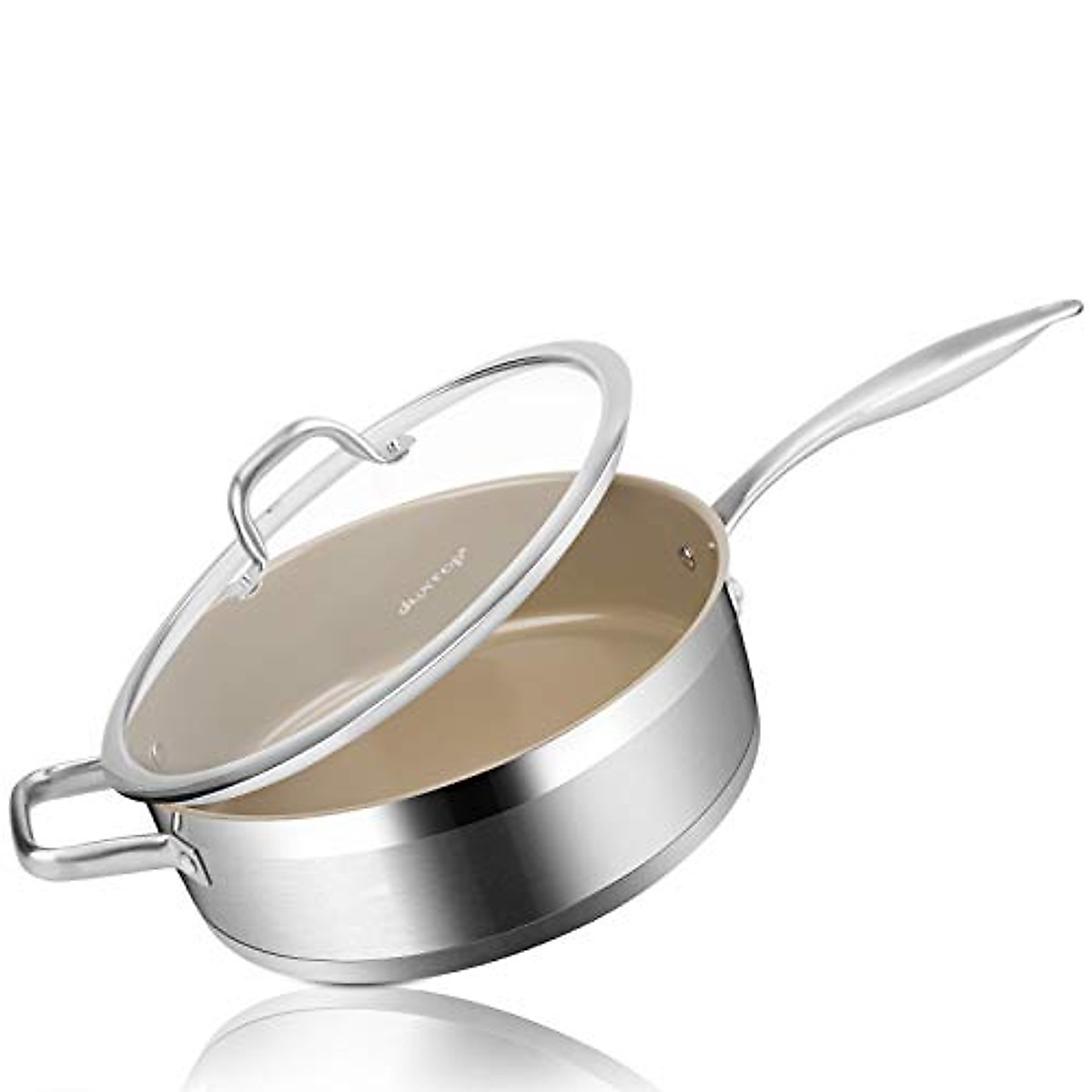Duxtop Ceramic Non-stick Sauté Pan, Induction Stainless Steel Sauté Pan, 5.5-Qt Deep Skillet with Lid, Professional Grade and Impact-bonded Technology, FUSION Ti