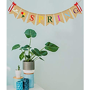 JOZON Hello Spring Burlap Banner Jute Spring Bunting Banner Garland Flower Spring Decorations for Indoor Outdoor Party Mantel Fireplace Wall Decor
