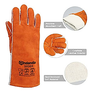 ANDANDA Leather Forge Welding Gloves, 13" Fire/Heat Resistant Gloves, Premium Split Leather, Aramid Stitching, Welding Gloves Provides Flames, Sparks and Welding Spatter Protection, Large/1 pair