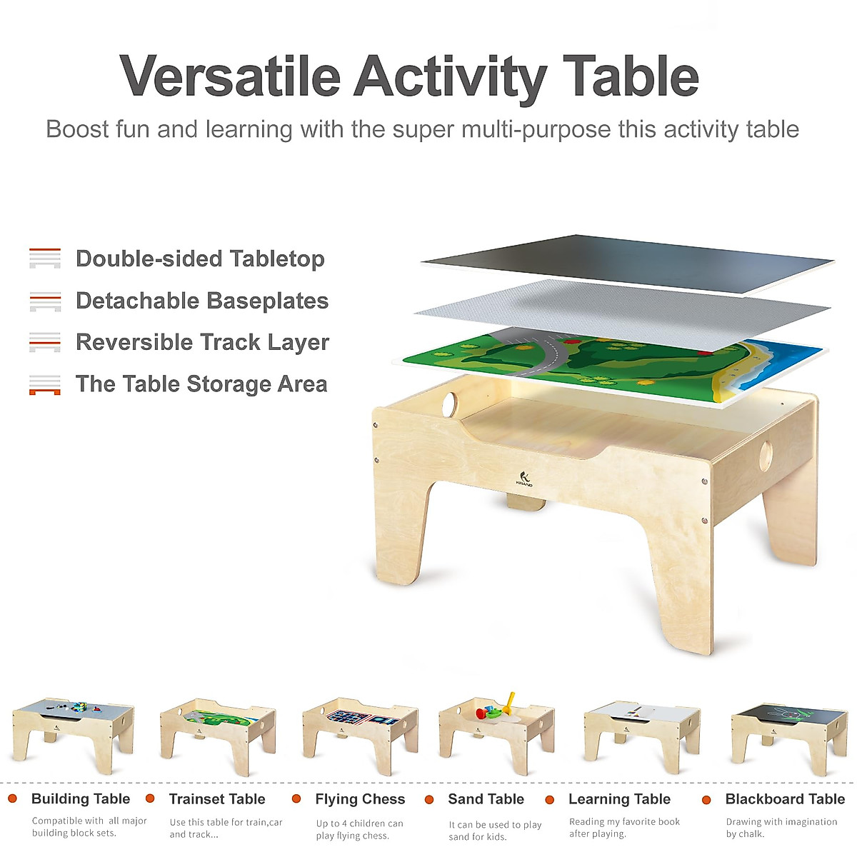 KRAND Kid's Multi-Purpose Activity Play Table with 60 Big Building Bricks and 30-Piece Wooden Train Set for Toddlers(Big-peg Baseplate Version)