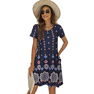 Sherosa Women's Easter Dresses Floral Sun Dresses Summer Casual with Pockets Loose Cotton Dresses(L,Navy Blue Floral)