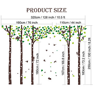 5 Large Birch Tree Wall Decals Jungle Tree Wall Stickers Forest Animal Wall Stickers Squirrel Rabbit Stickers for Kids Room Nursery Bedroom Living Room Classroom Wall Decoration (100", Brown,Green)
