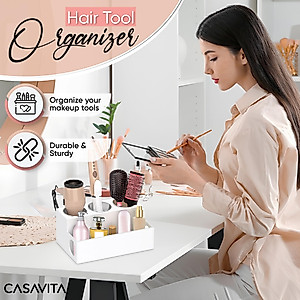 CasaVita White Hair Tool Organizer - Bathroom Countertop Hair Tool Holder for Blow Dryers, Curling Irons, Flat Irons, Accessories, Makeup, and Toiletries - Acrylic Hair Accessories Organizer