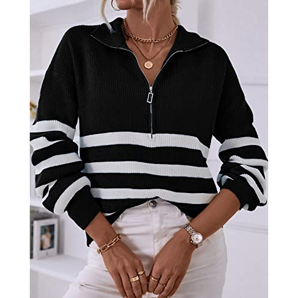 BTFBM Women 2023 Casual Long Sleeve Zip Striped Pullover Sweaters V Neck Collar Ribbed Knit Fall Winter Slouchy Jumpers (Striped Black, Large)