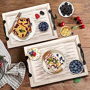 Set of 2 Rustic Farmhouse Wooden Serving Tray with Handles, Nesting White Decorative Trays for Coffee Table Ottoman Kitchen Bed Dining Table Centerpiece Rectangular Tray for Food Fruits Coffee Candles