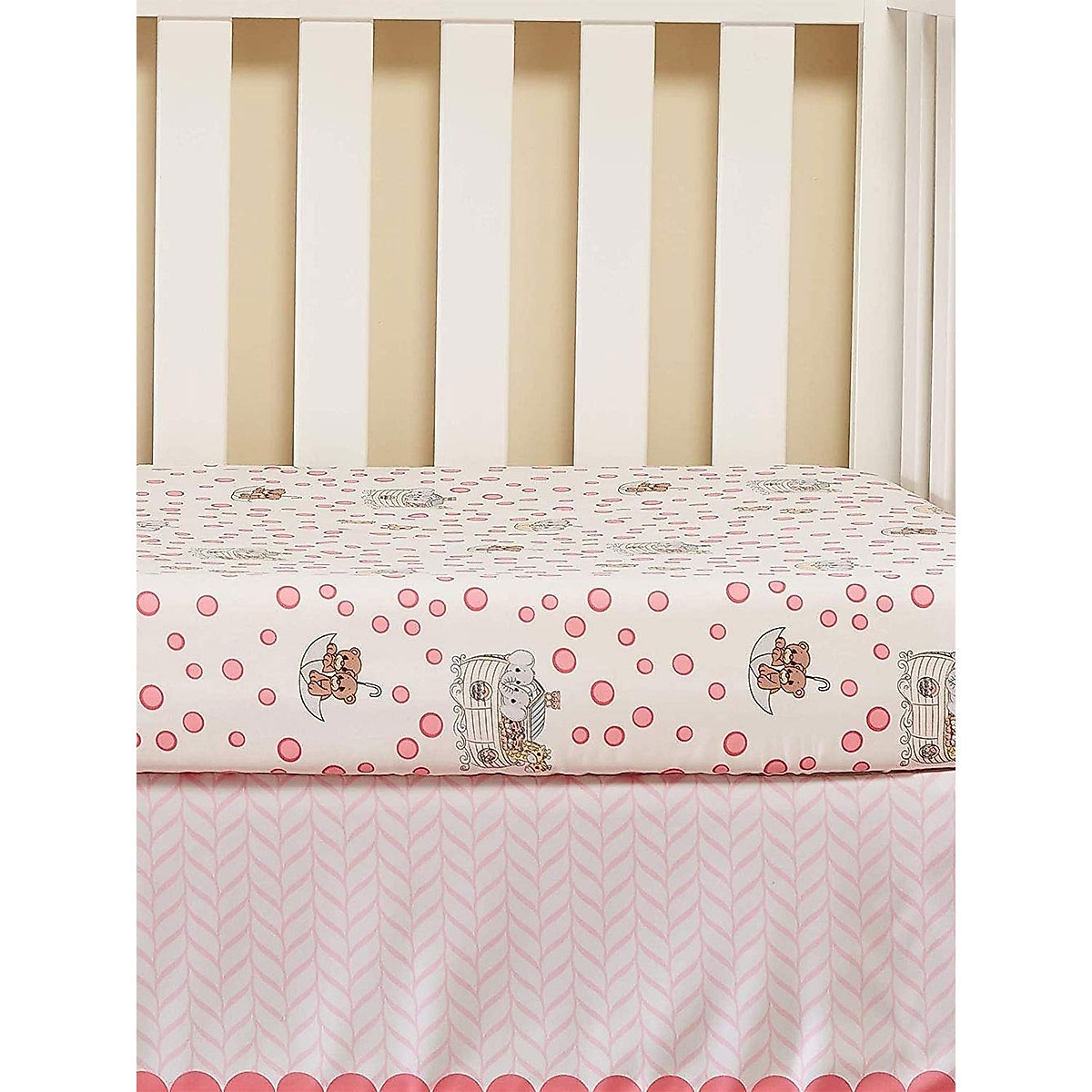 EVERYDAY KIDS Precious Moments Noah’s Ark 4 Pc Crib Bedding for Girls Nursery Set Includes Baby Bed Quilt, Fitted Sheet, Dust Ruffle and Diaper Stacker with Sweet Images of Elephants and Giraffes