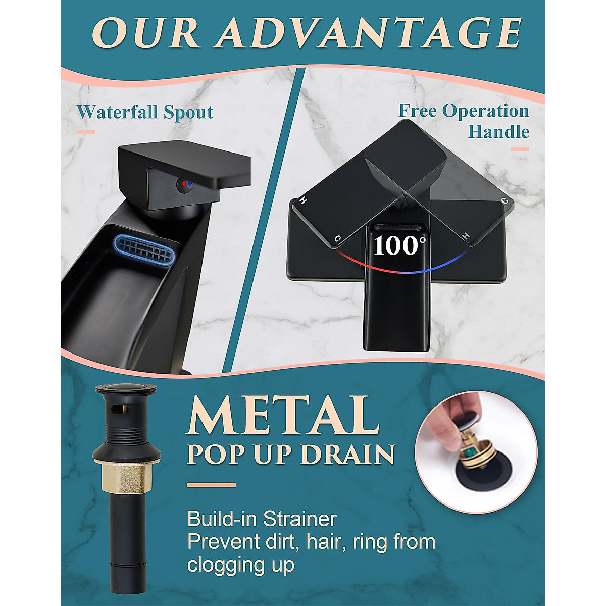 KUZOR Bathroom Faucets Single Hole Black Matte, Waterfall Matt Black Bathroom Sink Faucet One Hole with Metal Pop Up Drain, Solid Brass Square Faucet for Bathroom Vanity