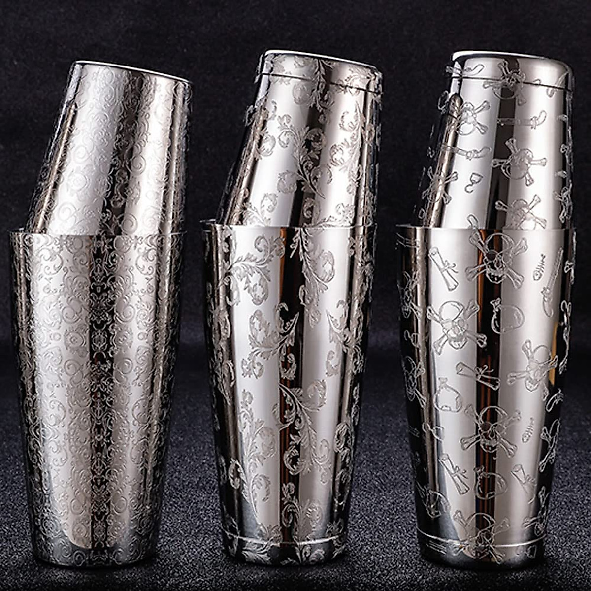 Stainless Steel Boston Shaker Tin with Etched Pattern - 2 Piece Weighted Cocktail Shaker 18oz & 28oz,Martini Drink Shaker Kit for Bartender Professional Bar Tools (Skull Pattern)