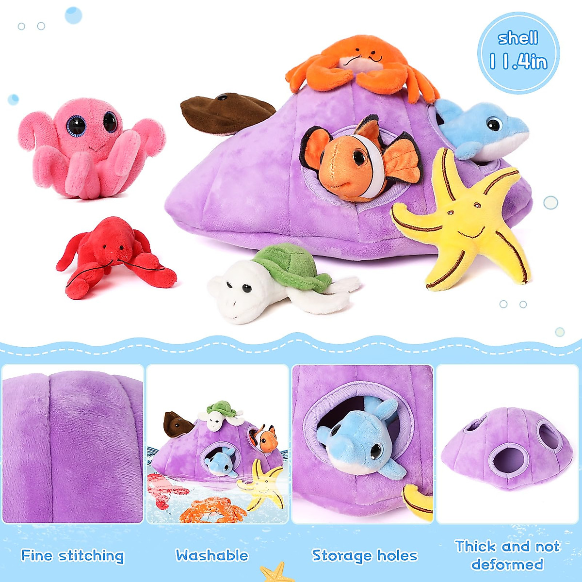 Muiteiur Plush Soft Ocean Animals Set with Plush Sea Shell House Includes Stuffed Turtle, Lobster, Crab, Dolphin, Devil Fish, Octopus, Starfish, Clownfish (Multicolor,8 Piece)