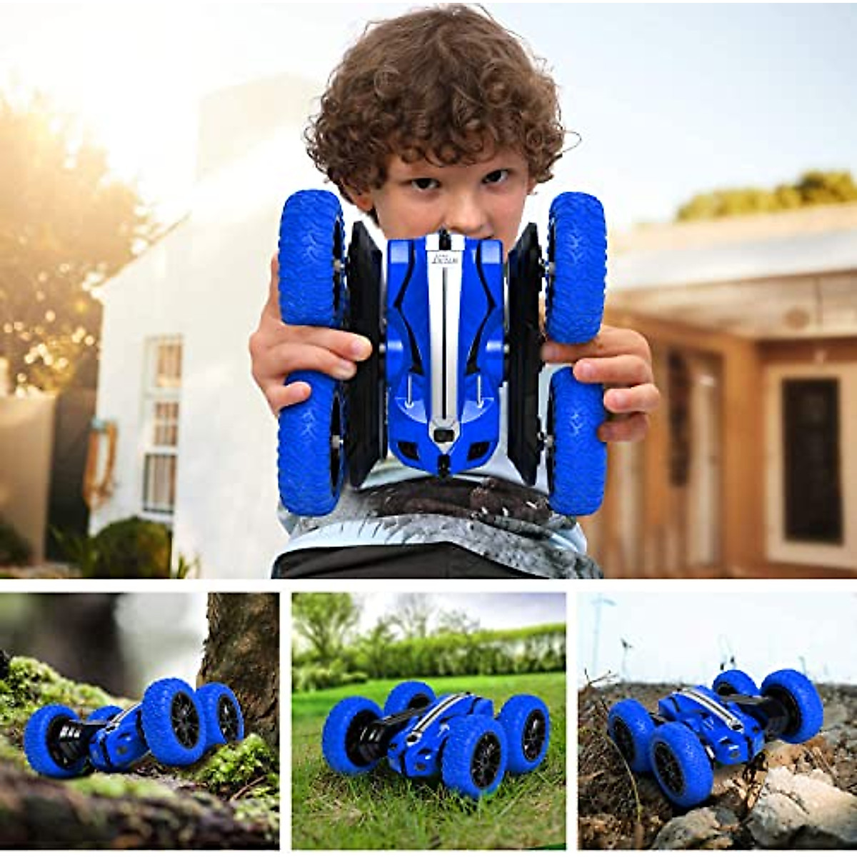 Zyerch RC Car, 4 Wheel Drive Stunt Car Toy for Kids, Hobby RC Crawlers, Double Sided Rotating 360°Remote Control Car, Dual-Color Headlights Blue/Red/Green,K-03B