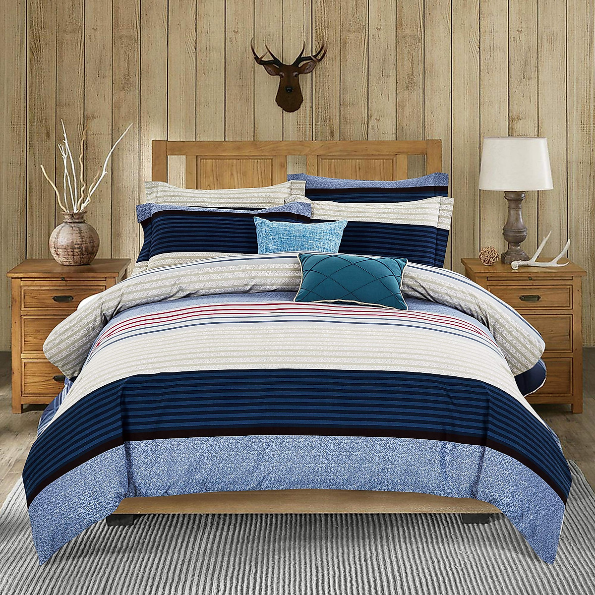 DelbouTree Striped Duvet Cover Set,Printed Pattern Comforter Cover,Microfiber Quilt Cover,Zipper Closure,Corner Ties,Queen