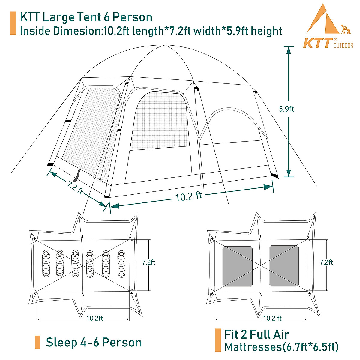 KTT Large Tent 6 Person,Family Cabin Tents,Straight Wall,3 Doors and 3 Windows with Mesh,Waterproof,Big Tent for Outdoor,Picnic,Camping,Family,Friends Gathering(Green)