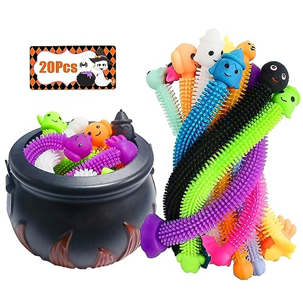 Cherislpy 5.5" Halloween Cauldron with 20 Pcs Stretchy Strings Stress Relief and Anti-Anxiety Toys Assortment for Kids Boys Girls Halloween Party Favors,Halloween Decorations