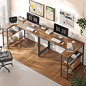 Huuger L Shaped Computer Desk with Reversible Storage Shelves, Gaming Corner Desk for Home Office, Writing Study Desk with Metal Frame, Rustic Brown