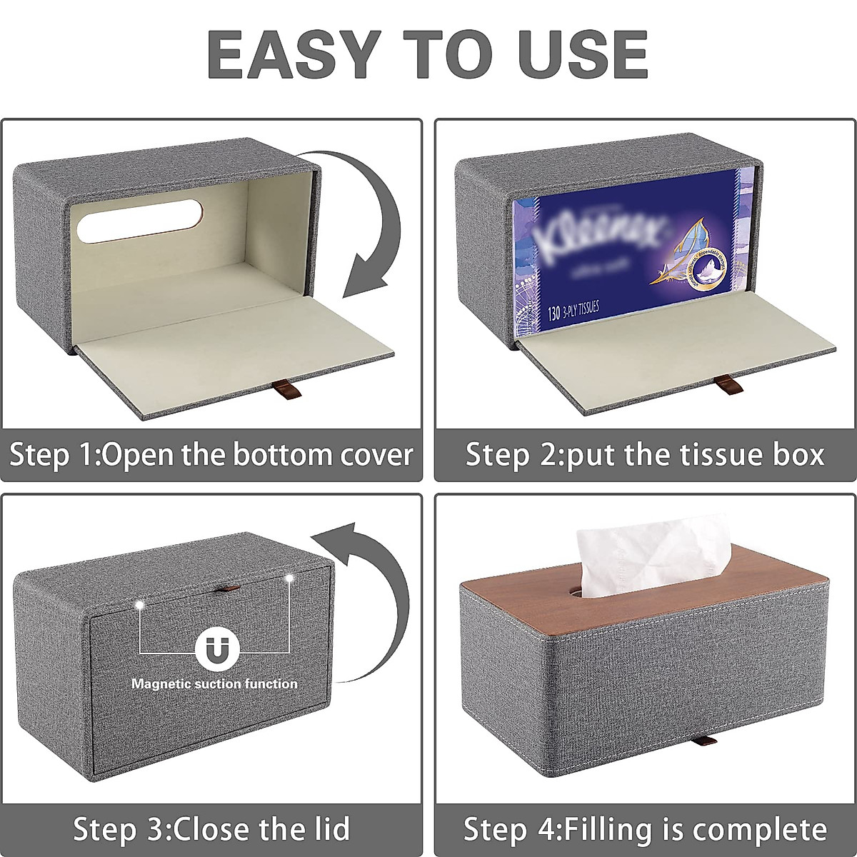 XNONE Tissue Box Cover Rectangle Kleenex Box Holder PU Leather Facial Organizer with Magnetic Bottom,Decorative Napkin Caddy for Vanity Dresser Night Stand Table Countertop Home Office Car,Grey