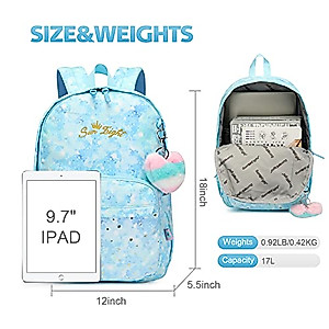 Otbjmbx Kid Backpack for Girls, Elementary Primary Kindergarten Preschool Large Capacity School Bookbag for Teens with Heart Keychain, Suitable for 6-15 Years Old (Tie Dye Blue)