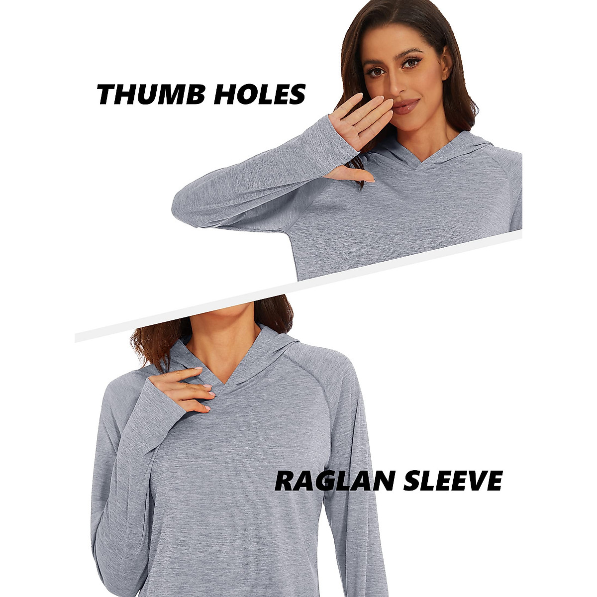 Womens UPF 50+ Hoodie Long Sleeve Sun Shirt Workout Shirts Runnig Shirts Quick Dry Summer Fishing Shirts for Women Breathable Beach Shirts Light Grey