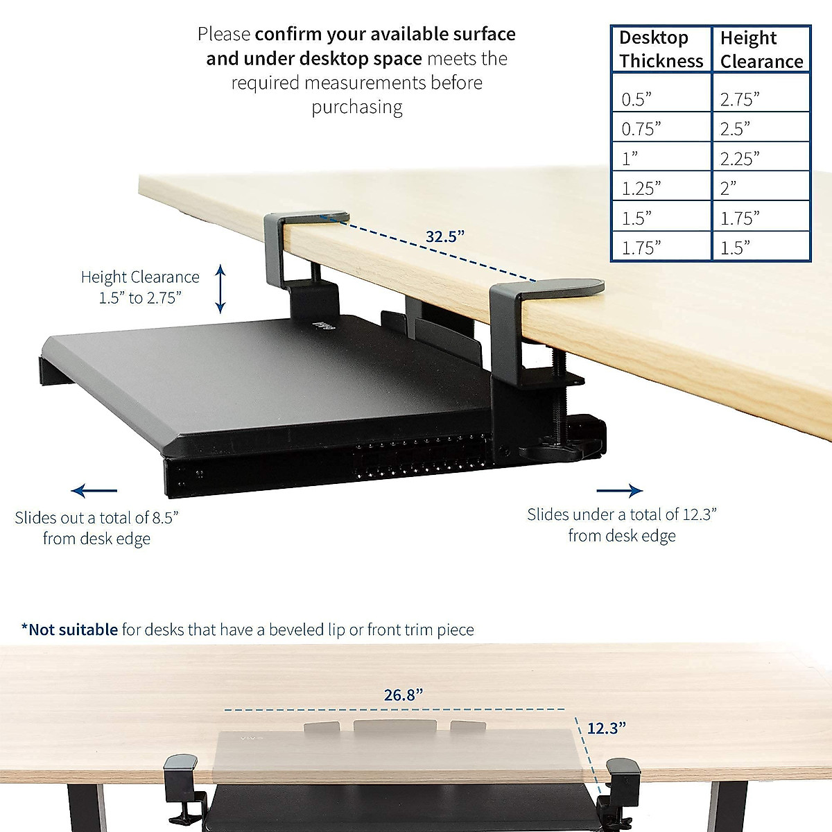 VIVO Dual 13 to 27 inch LCD Monitor Mount and Under Desk C-clamp 27 x 11 Keyboard Tray Kit, Heavy Duty, Fully Adjustable Stand and Slide-Out Platform (Bundle)