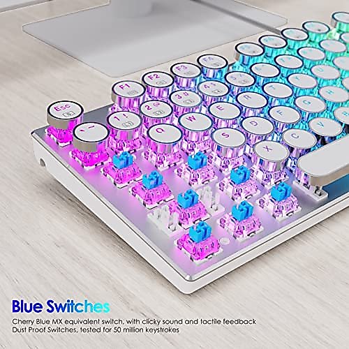 HUO JI E-Yooso Z-88 Mechanical Gaming Keyboard Wired Typewriter Style with Programmable RGB Backlit Clicky Blue Switches Retro Round Keycap Metal Panel for Mac/PC, White