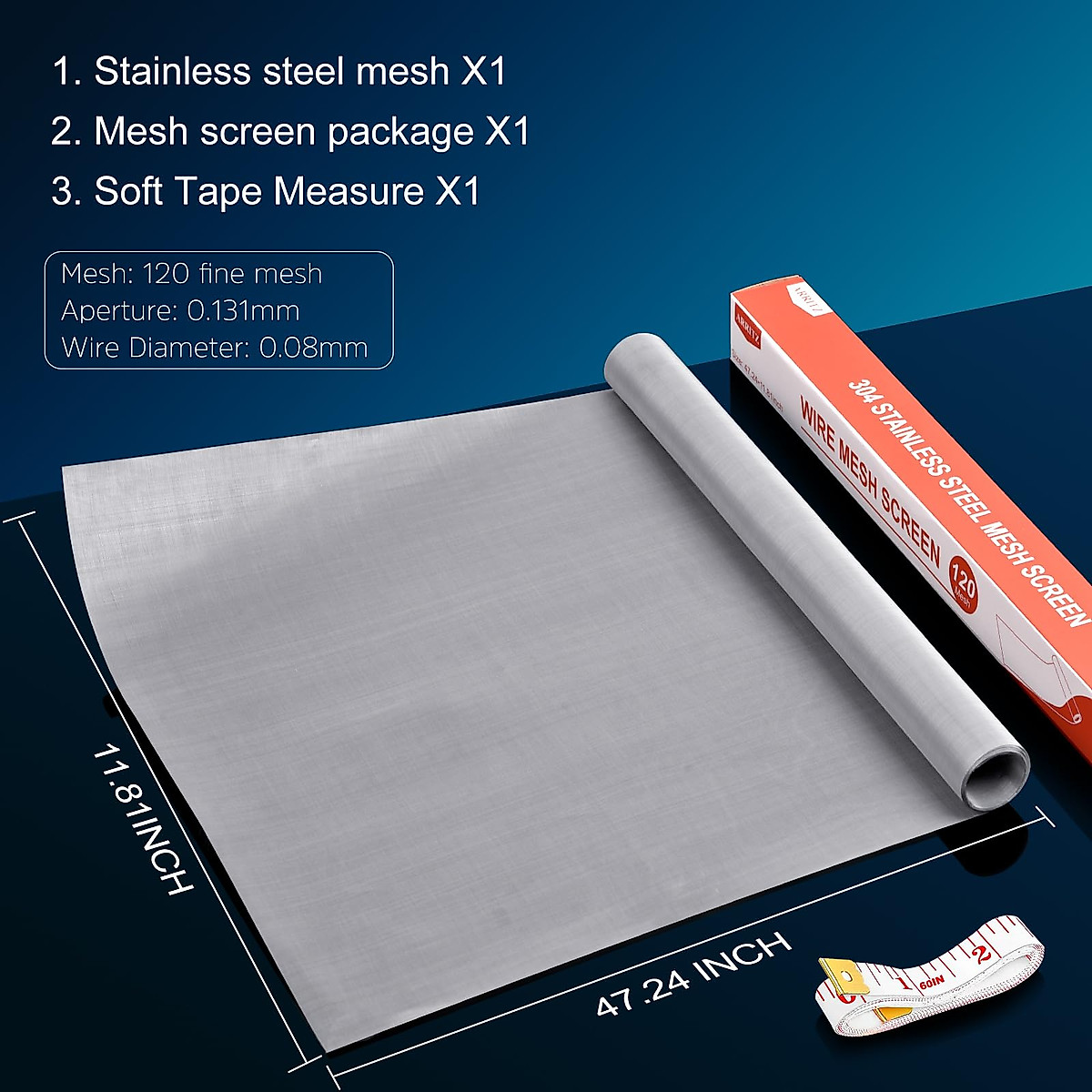 ARRITZ Woven Wire 120 Mesh 304 Stainless Steel for Filter Mesh, Filtration Cloth, 11.81x47.24inch