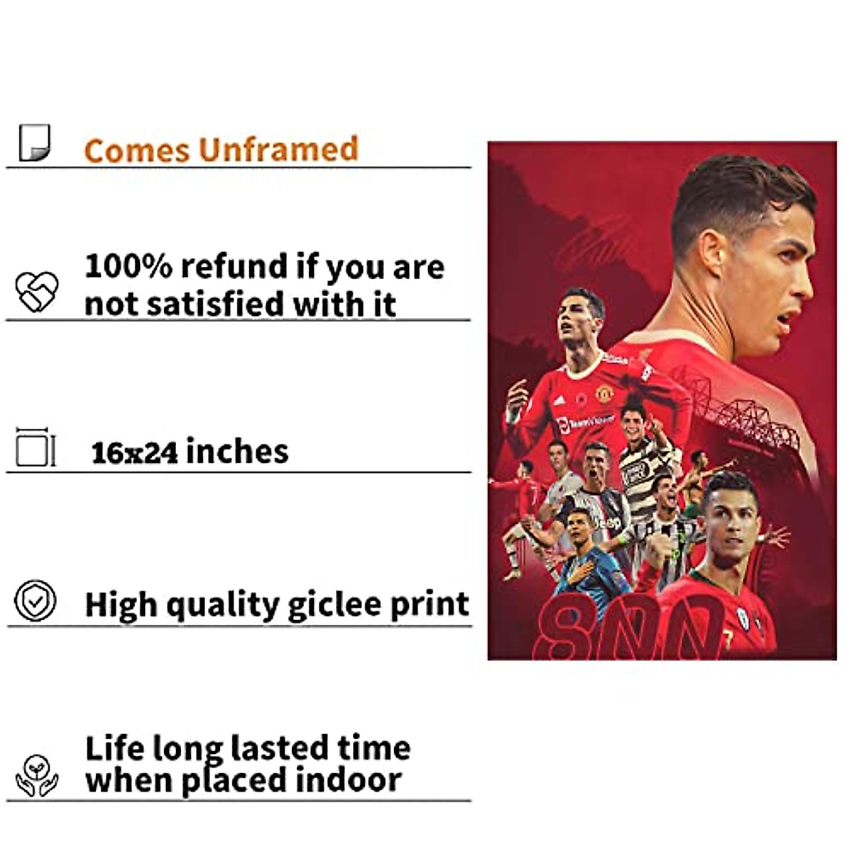 Soccer Superstar Cristiano Ronaldo Poster Wall Art, Motivational Football Star Canvas Wall Art, Cristiano Ronaldo Football Career 800 Ball Commemorative Poster for Office Home Decor, 16"x24"-Unframed