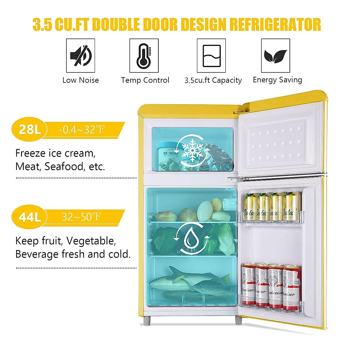 WANAI Compact Refrigerator, 3.5 Cu.Ft Retro Mini Fridge with Freezer, Dual Door Small Refrigerator with 7 TEMP Modes, LED Lights, Removable Shelves, Ideal for Bedroom Dorm Office Apartment