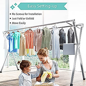 YACASA Clothes Drying Rack, 79 inch Heavy Duty Stainless Steel Laundry Drying Rack, Foldable &Length Adjustable Space Saving Garment Rack, with 20 Windproof Hooks.