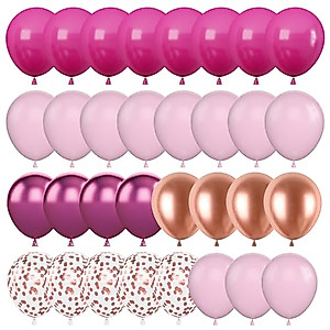GREMAG Pink Balloons, 12inch Hot Pink Rose Gold Macaron Pink Metallic Magenta Confetti Balloon Kit with Ribbons, 60Pcs Latex Balloon for Birthday Baby Shower Anniversary Wedding Graduation Girls Party