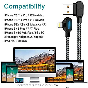Exeric iPhone Charger Cable, 3Pack LED Right Angle Lightning Cable 90 Degree Nylon Braided Charging Cord Gaming USB Charging/Sync Compatible with iPhone13/12/11/XR/X/8 8Plus/7/7 Plus/6(10FT)