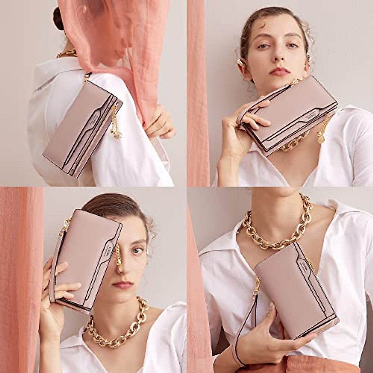 Cnoles Genuine Leather Wallet for Women Large Capacity Wristlet Bifold Ladies Purse Multi Card Organizer Pink