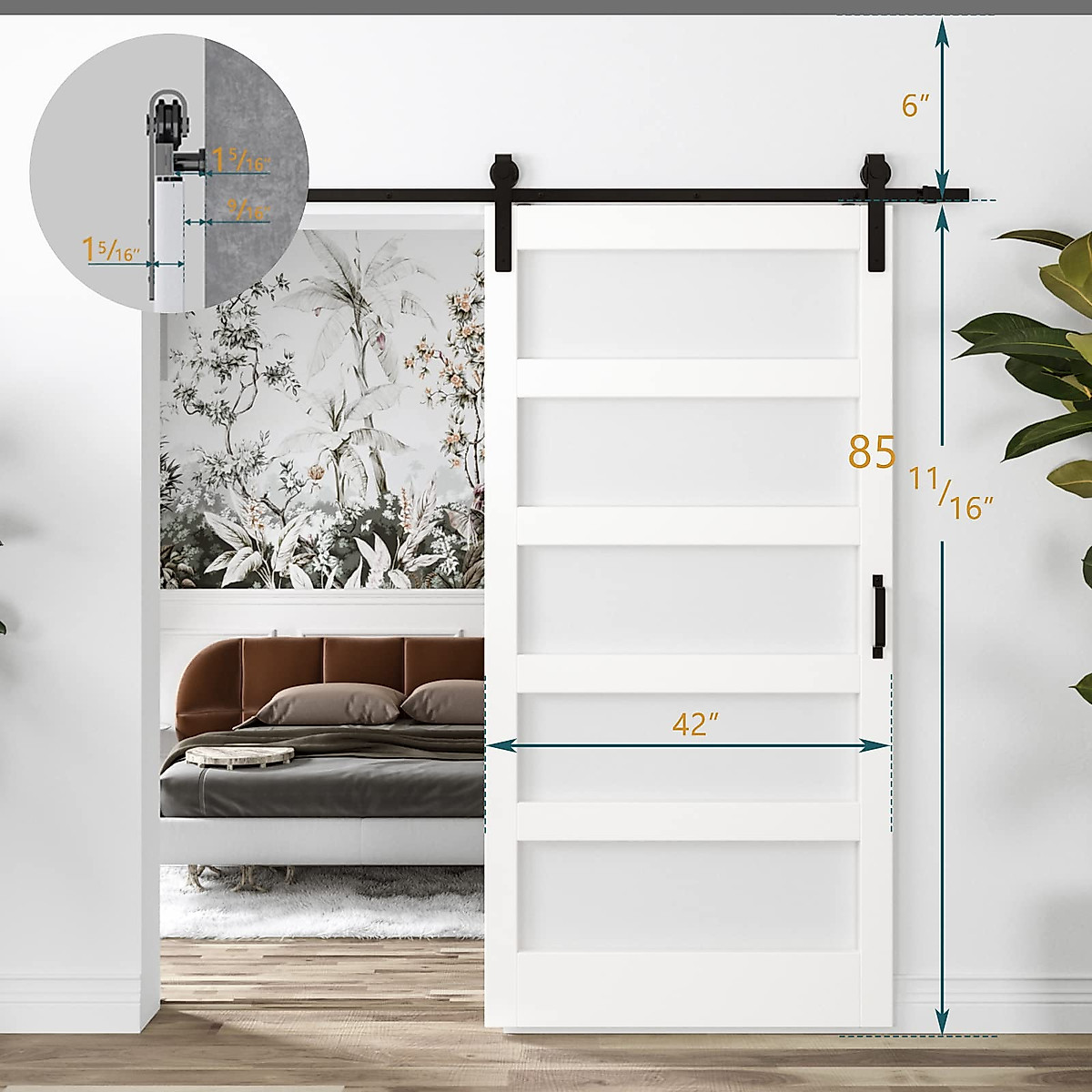 BARNER HOME 42in x 84in Sliding Barn Door, MDF, Primed, 5 Glass Panel,Need to Assemble, with 6.6ft Hardware, Handle and Floor Guide