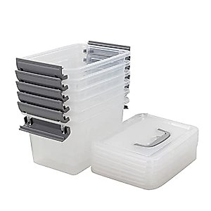 Jekiyo 3.5 Quart Small Storage Box with Handle, 6 Pack Clear Stackable Storage Bin
