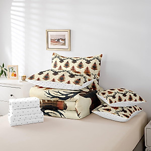 Feelyou Boys Girls Cute Deer Comforter Set with Sheets Queen Size, Deer Hunting 7 Pieces Bedding Sets Kids Antlers Bed in A Bag Boho Teens Bed Set Bedroom Decor