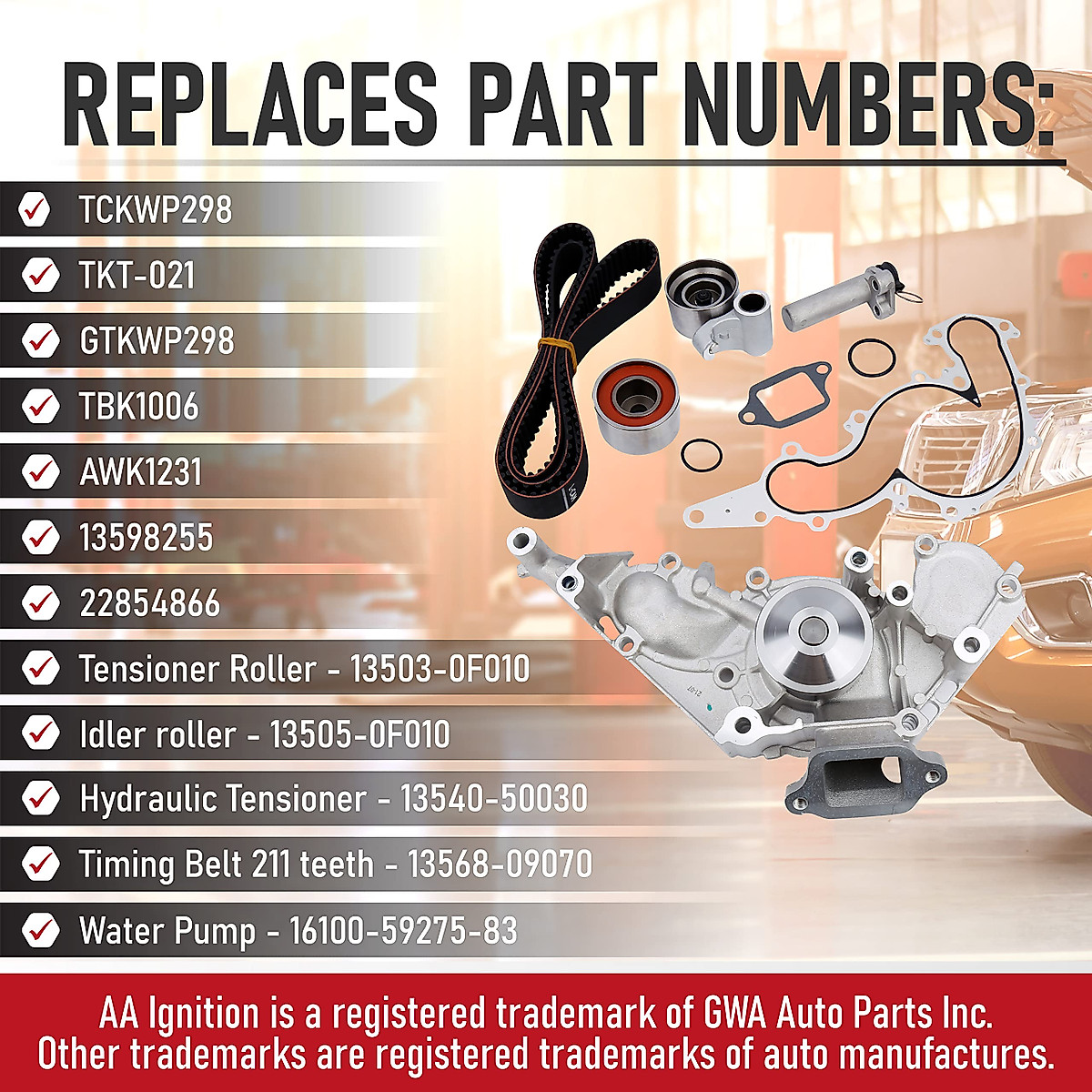 Engine Timing Belt with Water Pump Kit - Compatible with Lexus, Toyota - 4.0L, 4.3L, 4.7L - GS430, GX470, LS430, SC400, SC430, 4Runner, Land Cruiser, Sequoia, Tundra - Replaces TKT-021, TCKWP298