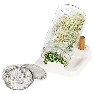 RIMONA’s Sprouting Kit - Stainless Steel Curved Enhanced Mesh Strainers (1 for Big and 1 for Small Seeds), Ball Mason Jar & Holder - Sprout Growing Kit for variety of seeds